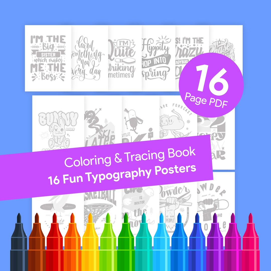 16 Fun Typography Posters book 2 Coloring and Tracing Book Multi Page ...