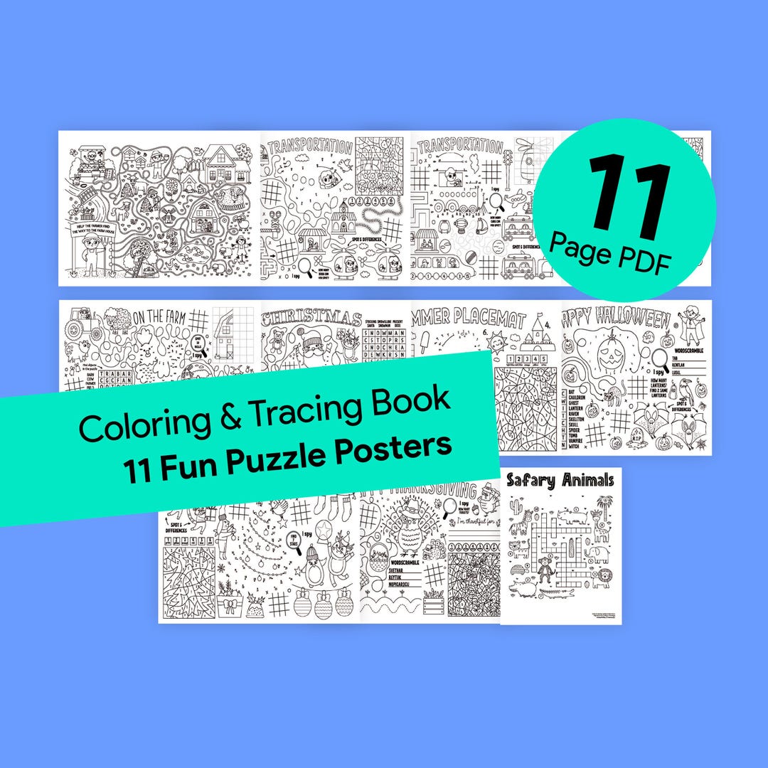 11 Fun Puzzles Coloring and Tracing Book - Multi Page PDF Vector ...