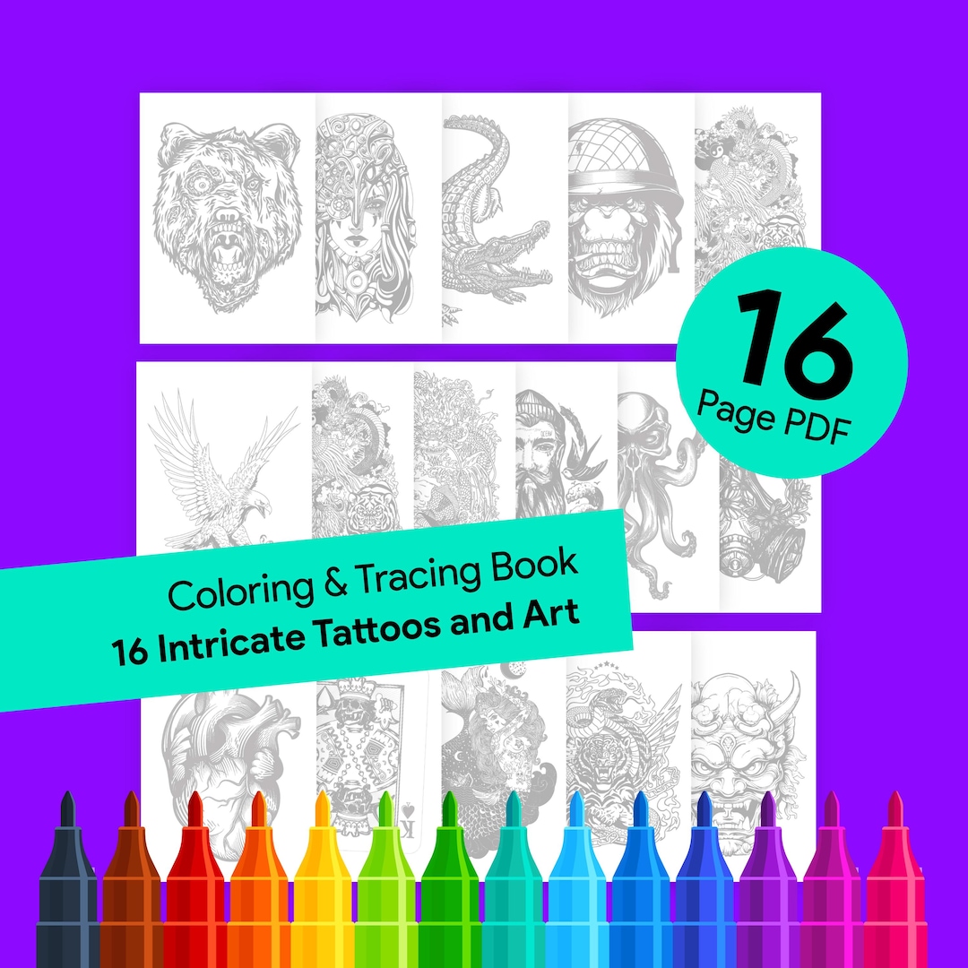 16 Intricate Tattoos and Art Posters Coloring and Tracing Book Multi ...