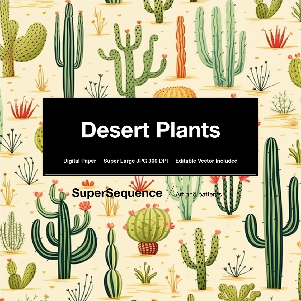 Desert Plants and Cactus Digital Paper Hand-drawn Illustration Pattern ...