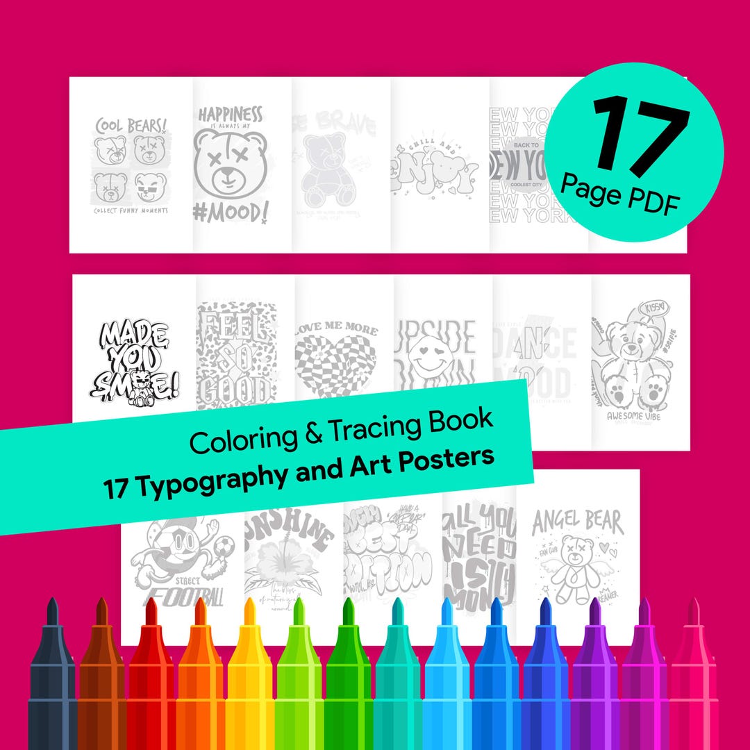 17 Fun Typography and Art Posters Coloring and Tracing Book Multi Page ...
