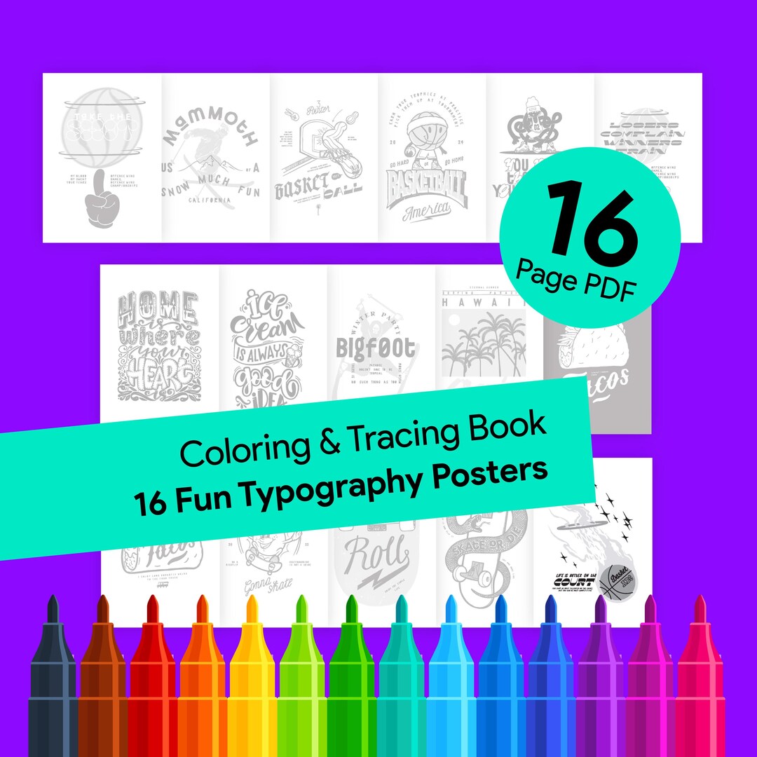 16 Fun Typography Posters Coloring and Tracing Book Multi Page PDF ...