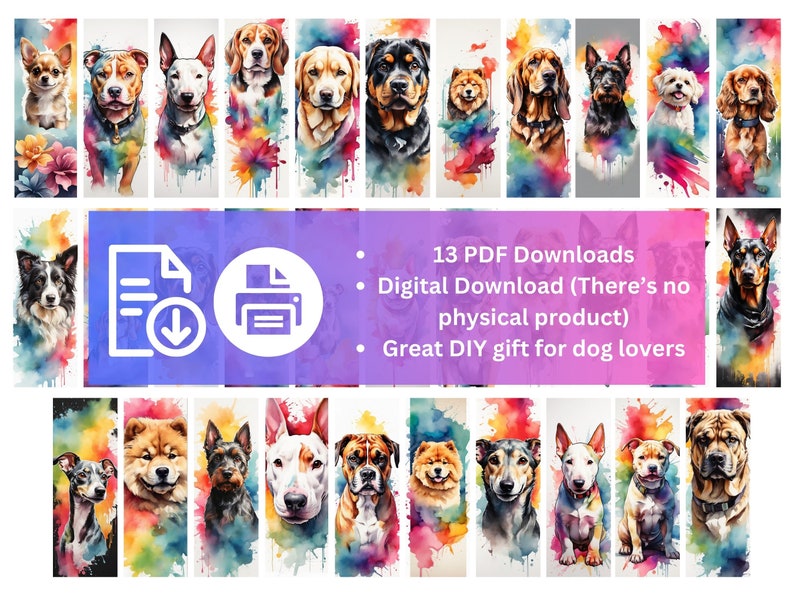 65 Watercolor Dog Printable Bookmark Bundle Set, Dog Themed Bookmarks ...