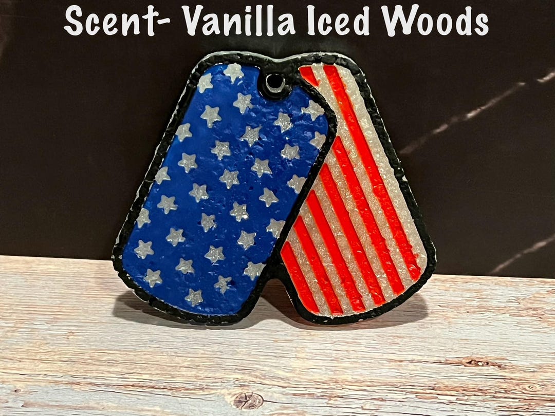 Air Freshener- American Dog Tags- Size 3.5"x4" -scent is Vanilla Iced ...