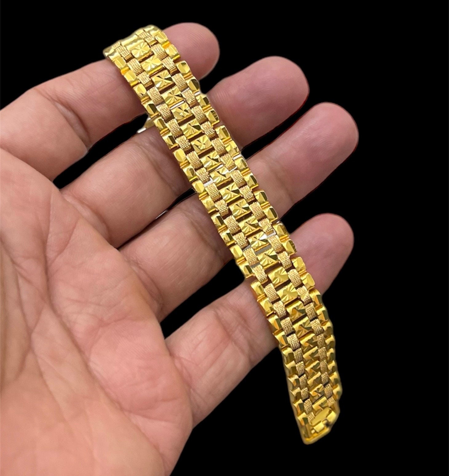 Men's Wide Bracelet, 24k Dubai Gold Plated Bracelet for Men, Gold ...