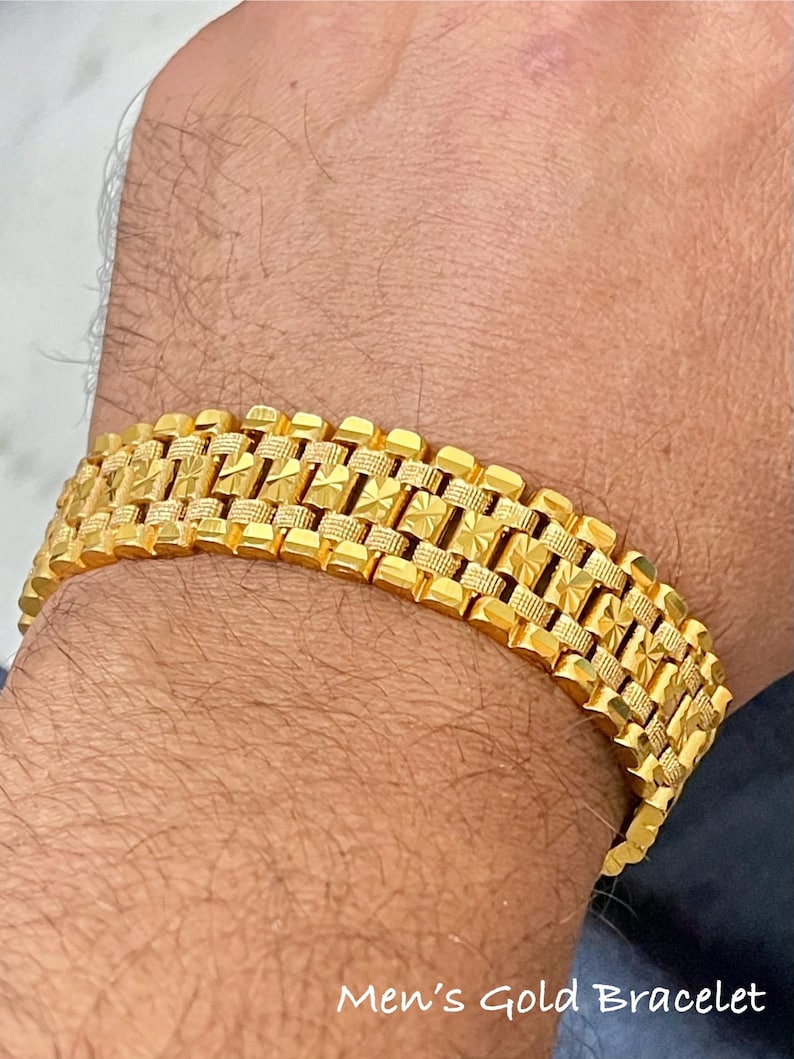 Men's Wide Bracelet, 24k Dubai Gold Plated Bracelet for Men, Gold ...