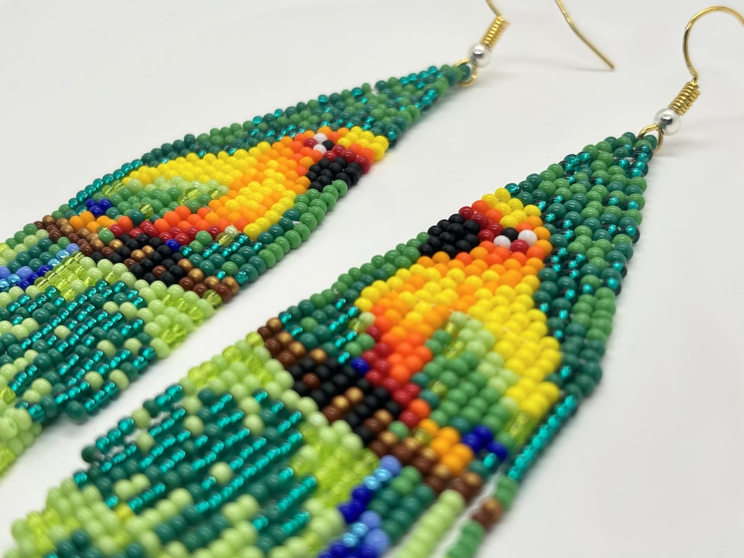 Handmade Beaded Parrot Earrings - Vibrant Tropical Bird Fringe Earrings ...