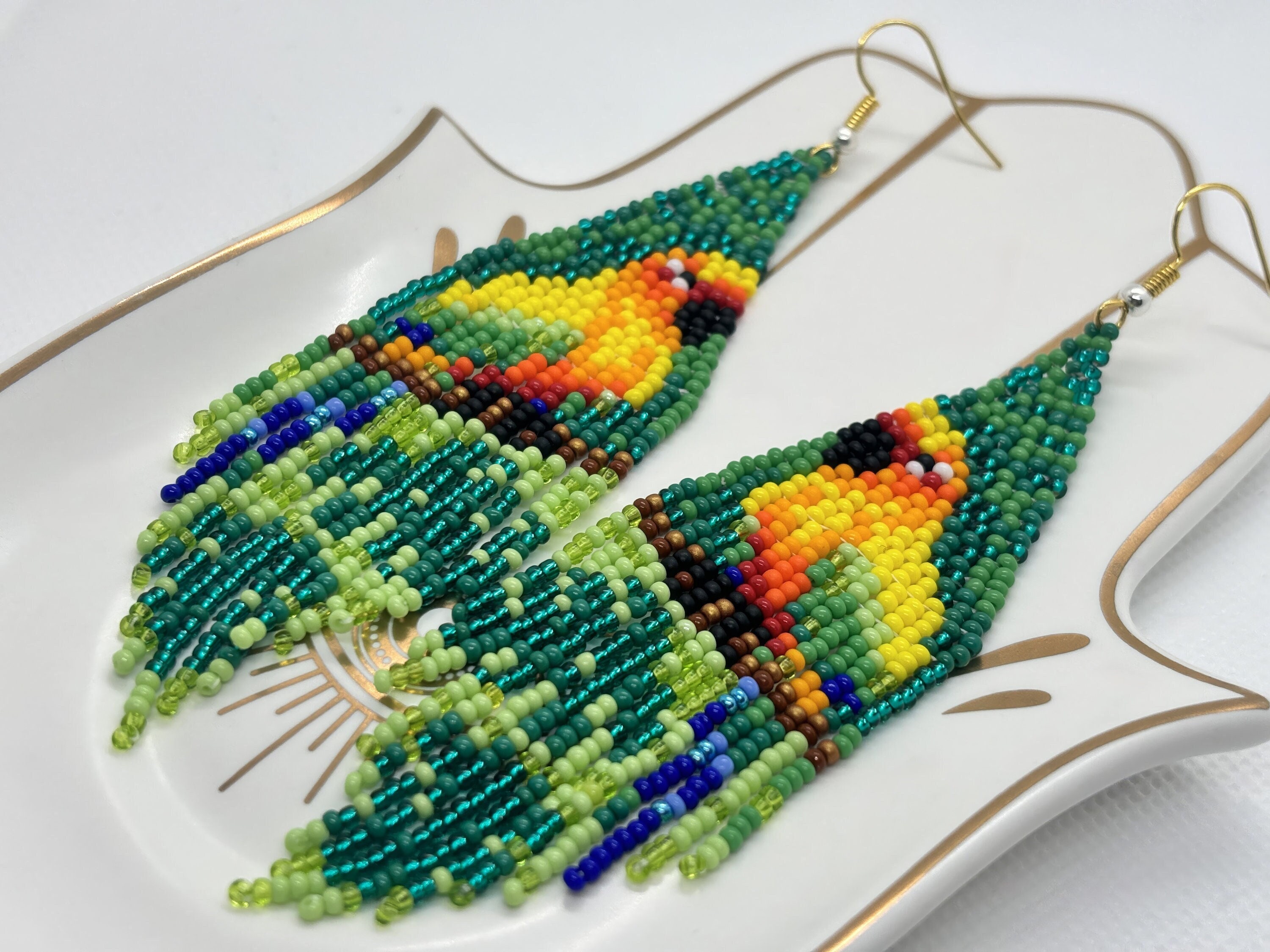 Handmade Beaded Parrot Earrings Vibrant Tropical Bird Fringe Earrings ...