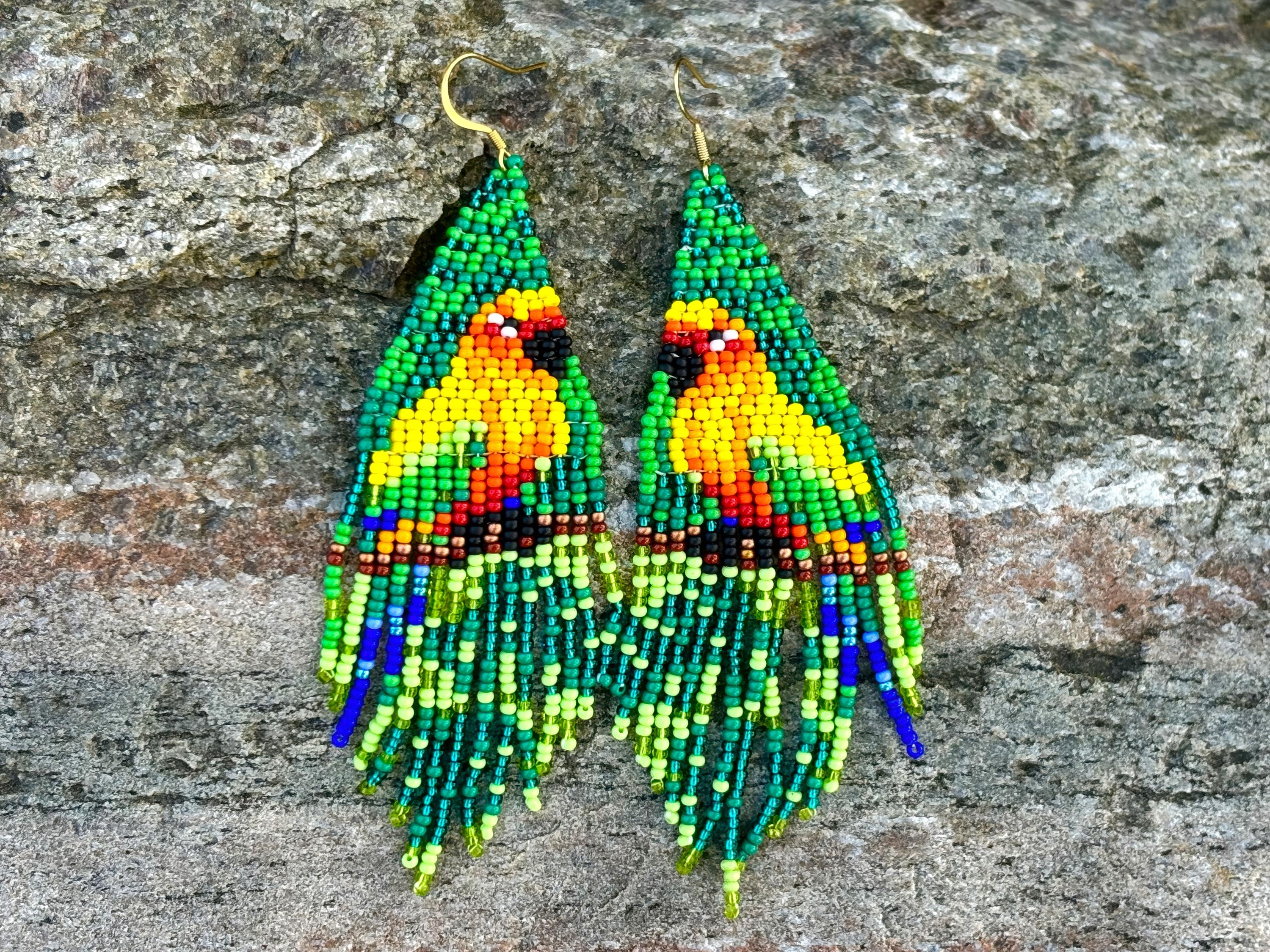 Handmade Beaded Parrot Earrings Vibrant Tropical Bird Fringe Earrings ...