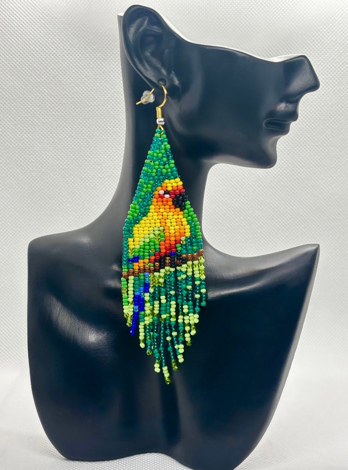 Handmade Beaded Parrot Earrings Vibrant Tropical Bird Fringe Earrings ...