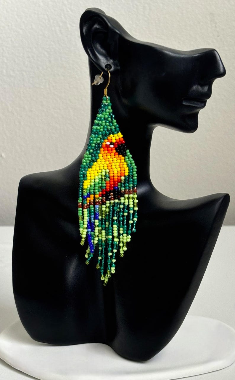 Handmade Beaded Parrot Earrings Vibrant Tropical Bird Fringe Earrings ...