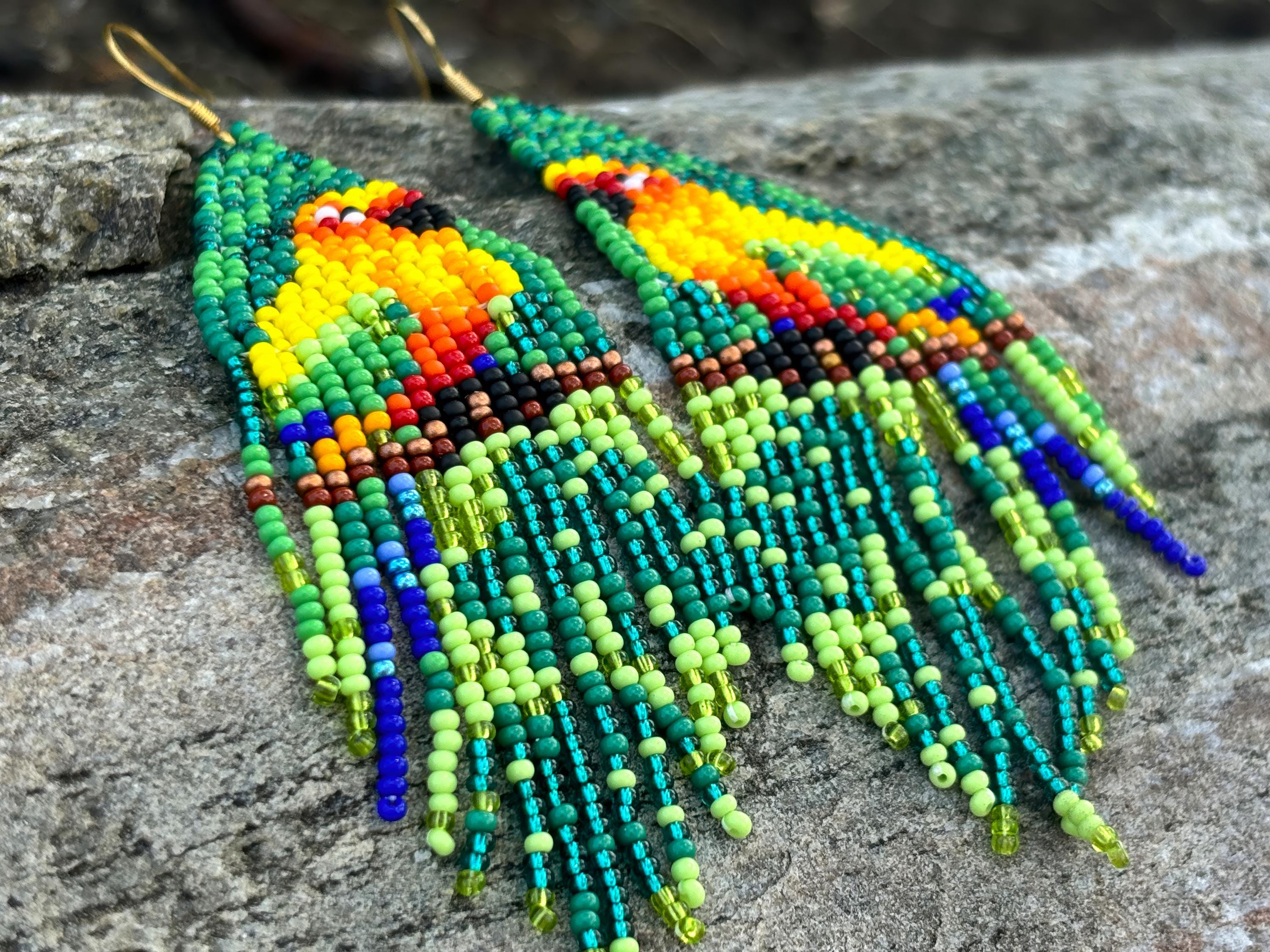 Handmade Beaded Parrot Earrings Vibrant Tropical Bird Fringe Earrings ...