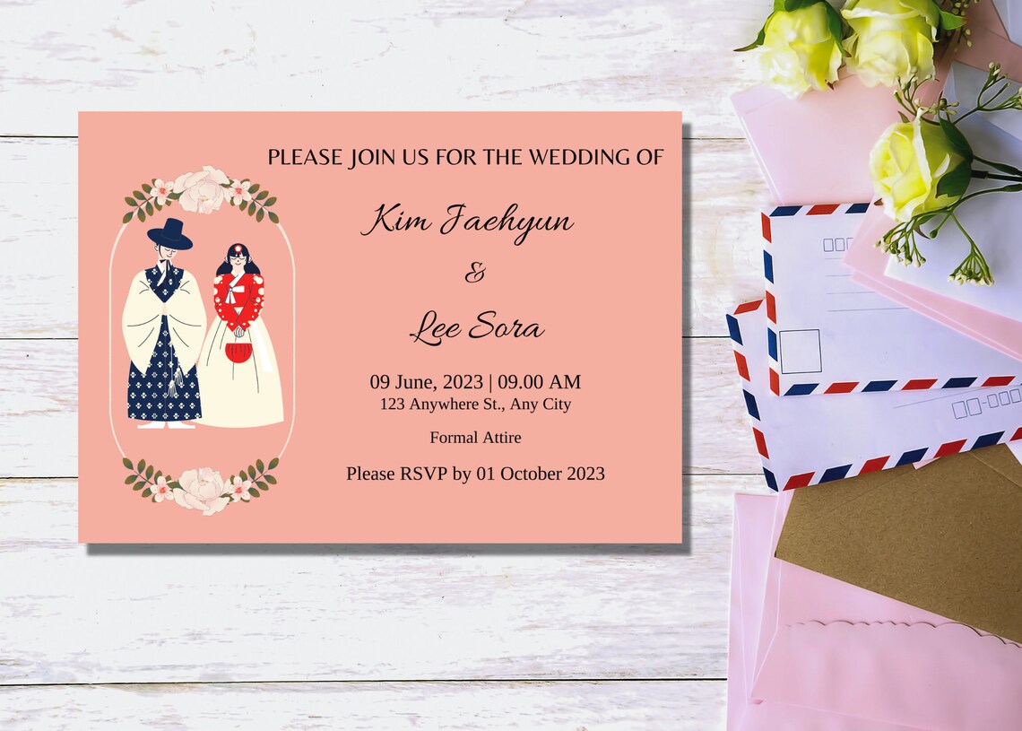 Editable Korean Wedding Invitation Template, Cute, Floral, Simple ...