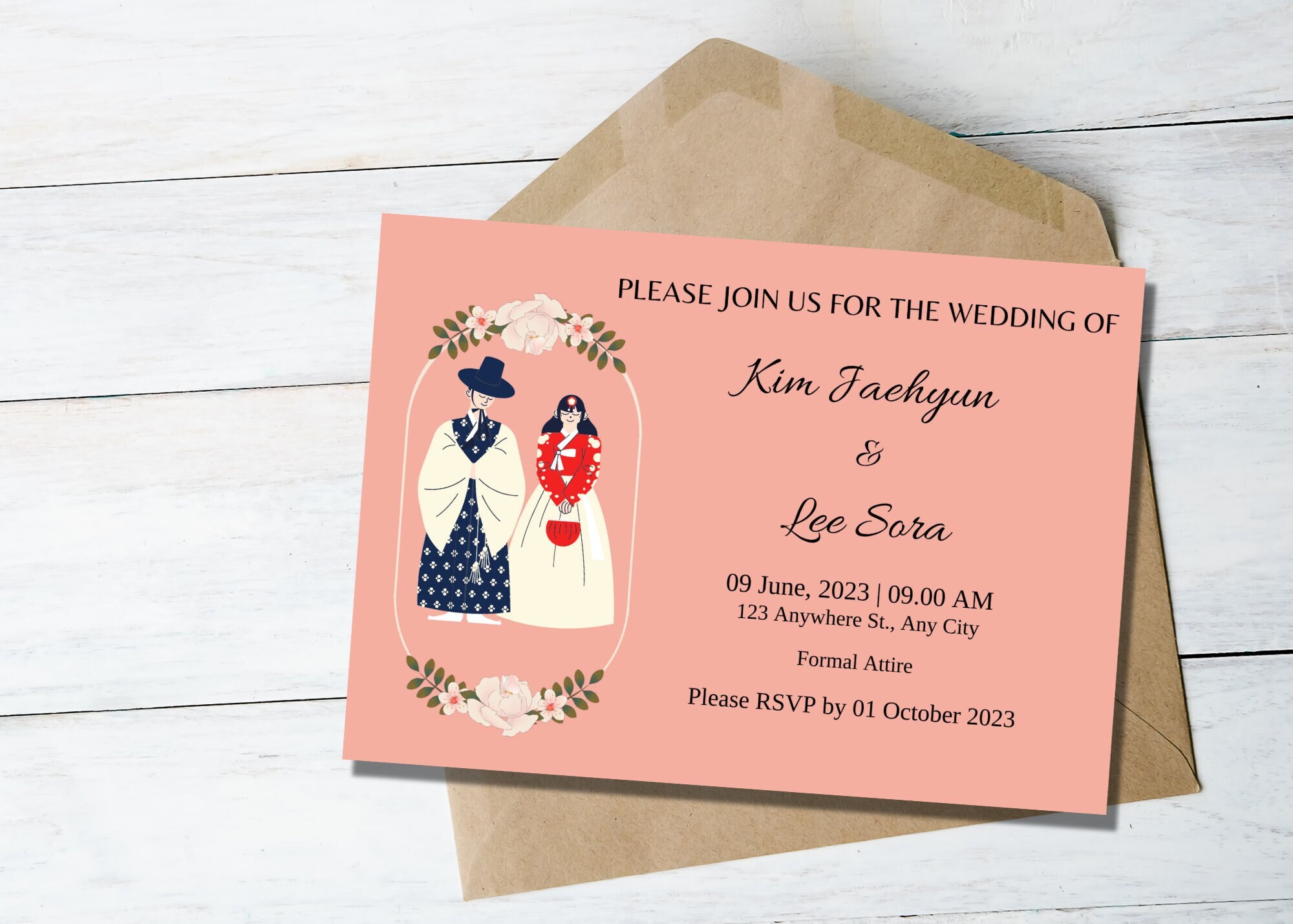 Editable Korean Wedding Invitation Template, Cute, Floral, Simple ...