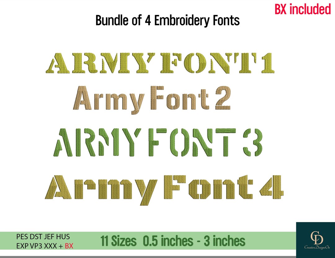 Machine Embroidery Fonts, Army Embroidery Fonts Set of 4, Military ...