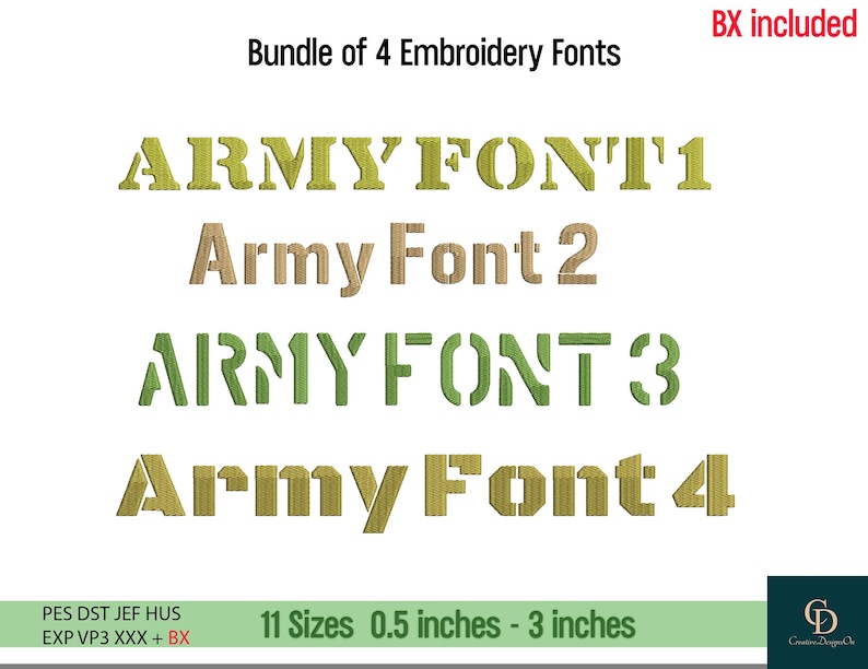 Machine Embroidery Fonts, Army Embroidery Fonts Set of 4, Military ...