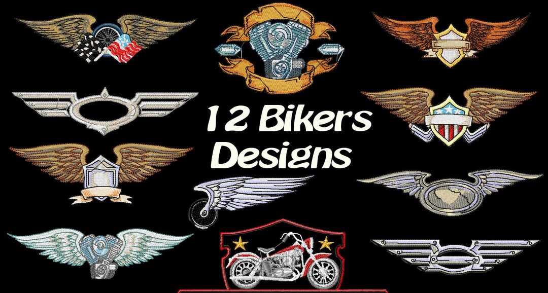 Biker Embroidery Designs: 12 Motorcycle Applique Patterns (4x4 Hoop ...