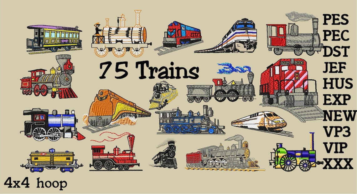 75 Trains Embroidery Designs: Multiple Formats, 4x4 Hoop (instant ...
