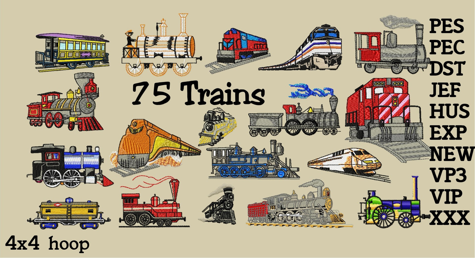 75 Trains Embroidery Designs: Multiple Formats, 4x4 Hoop (instant ...