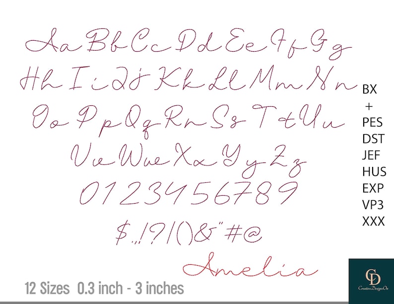 Amelia Handwriting Embroidery Font: BX Native Font Set (digital ...