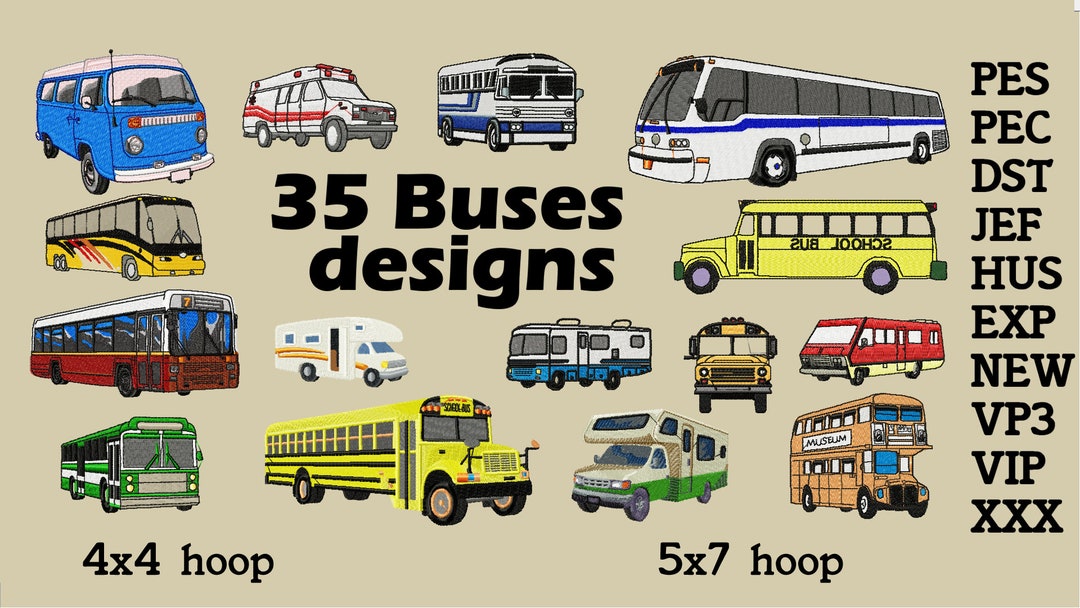 Buses Embroidery Designs, 35 Buses, Minibuses, Camper Vans Embroidery ...