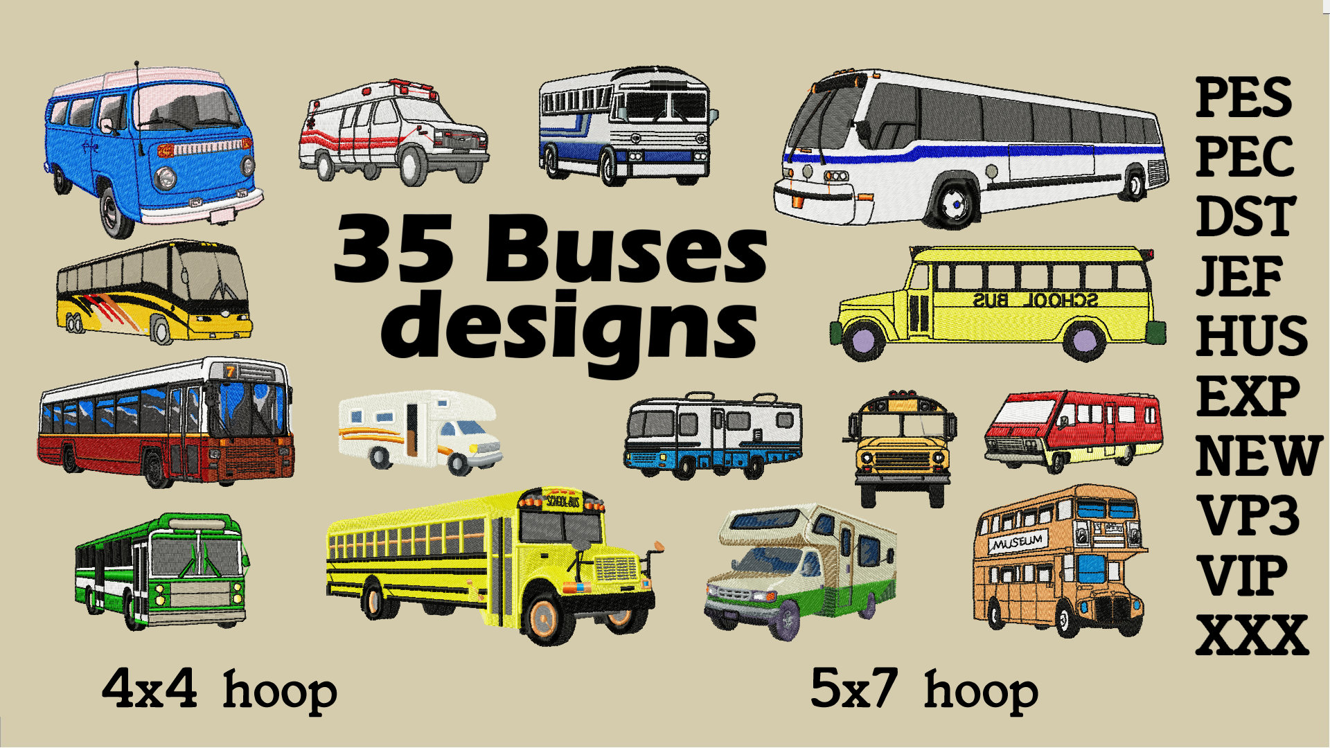 Buses Embroidery Designs, 35 Buses, Minibuses, Camper Vans Embroidery ...