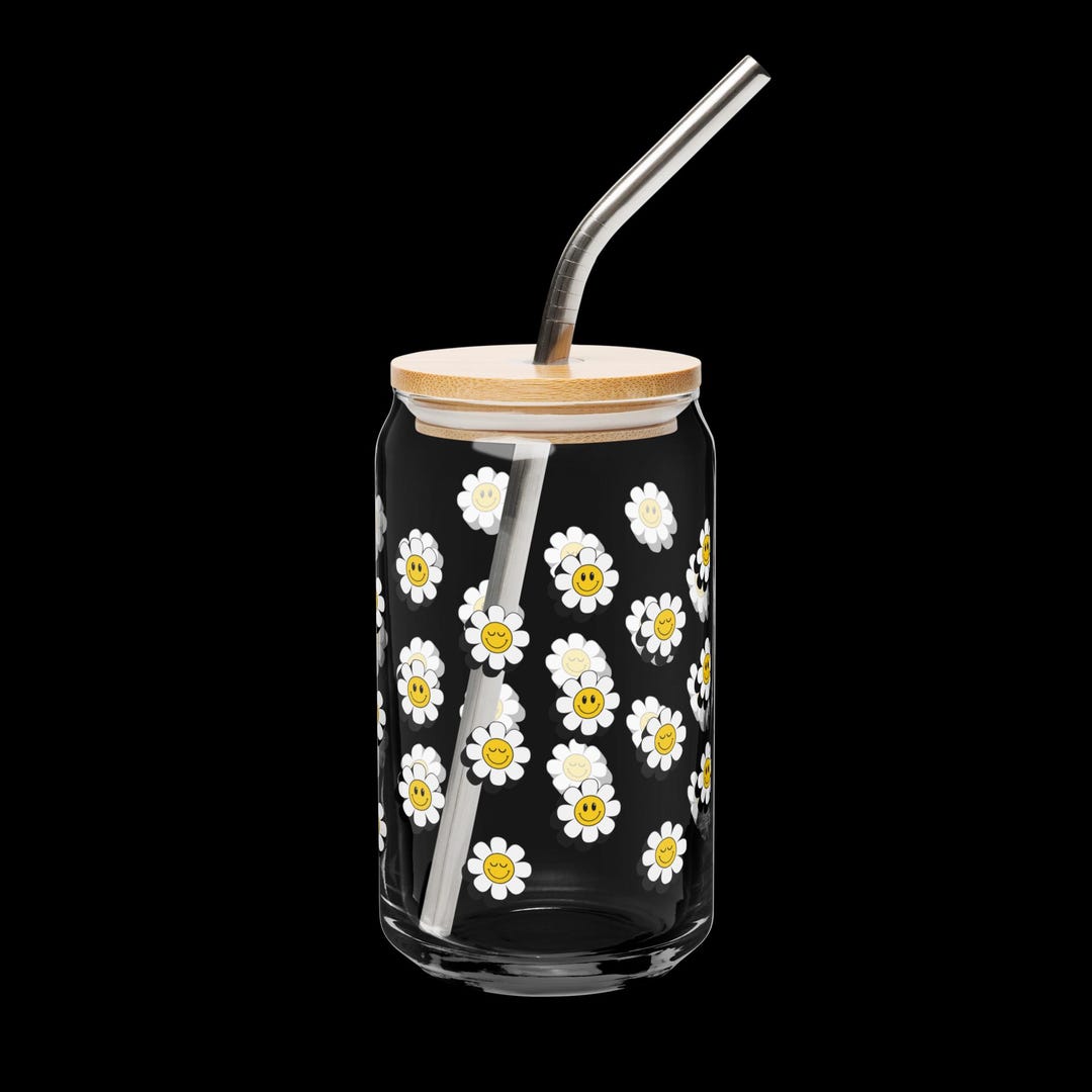 Clear Glass Sipper Cup - Smiley Face Flowers | 16oz Glass With Lid ...