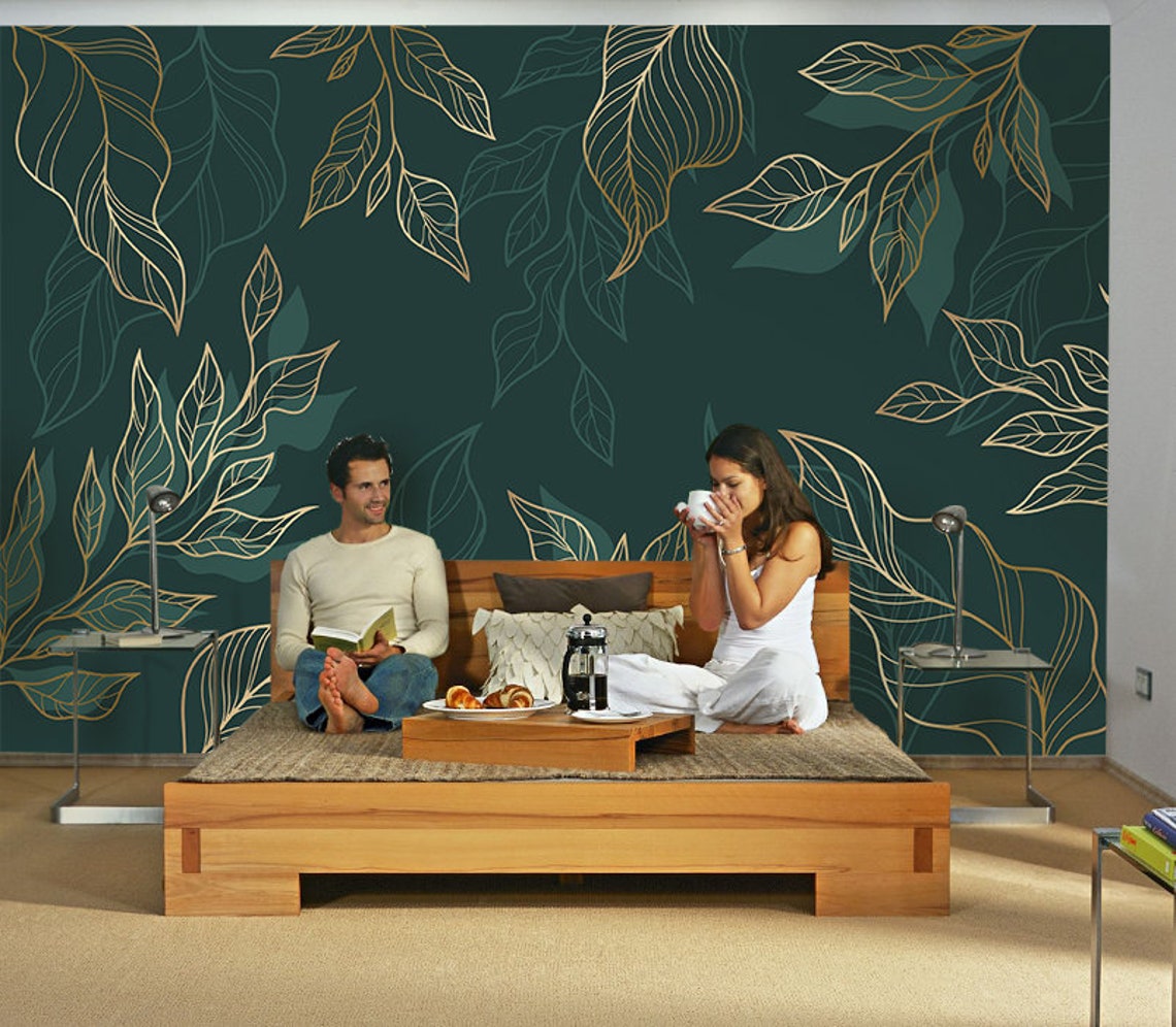 Green and Gold Tropical Leaves Wallpaper, Gold Leaf, Green Leaf, Self ...