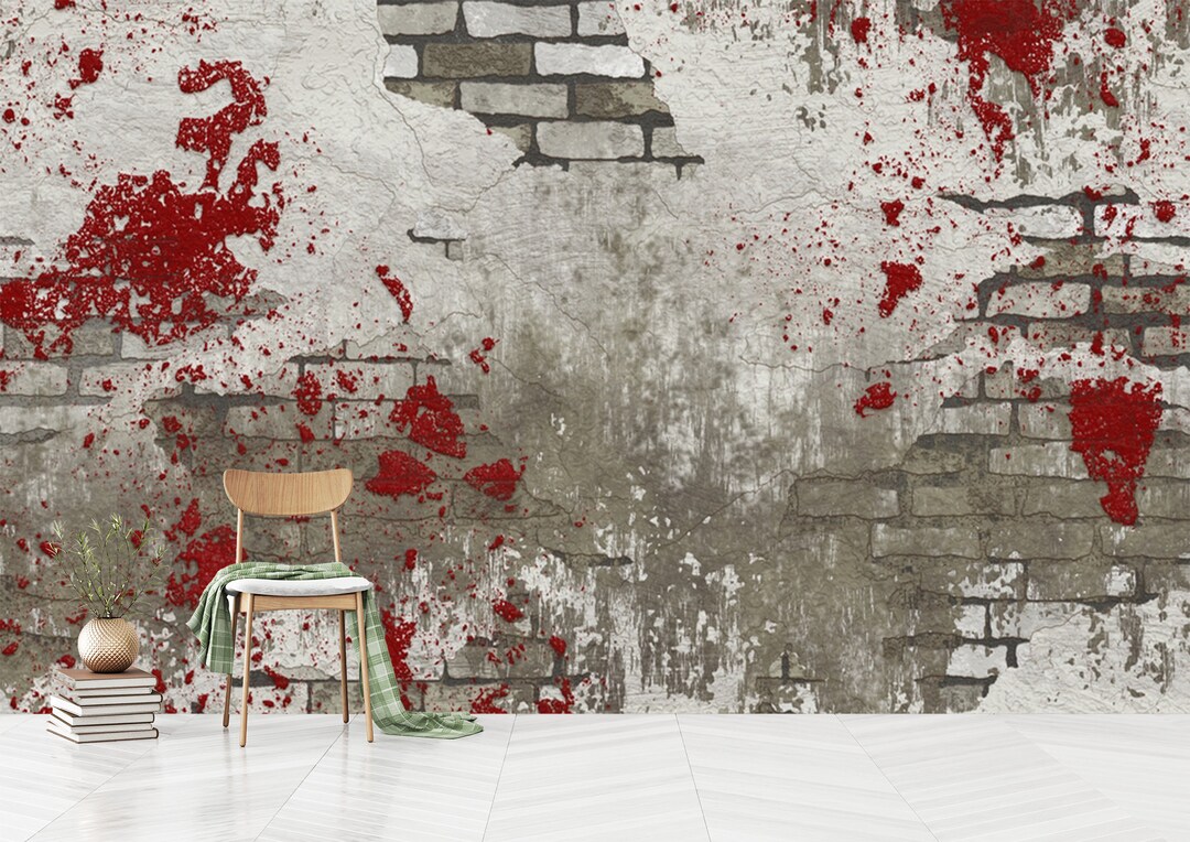 Creepy Gray Brick Wallpaper: Red Stains, Stucco, Peel and Stick - Etsy
