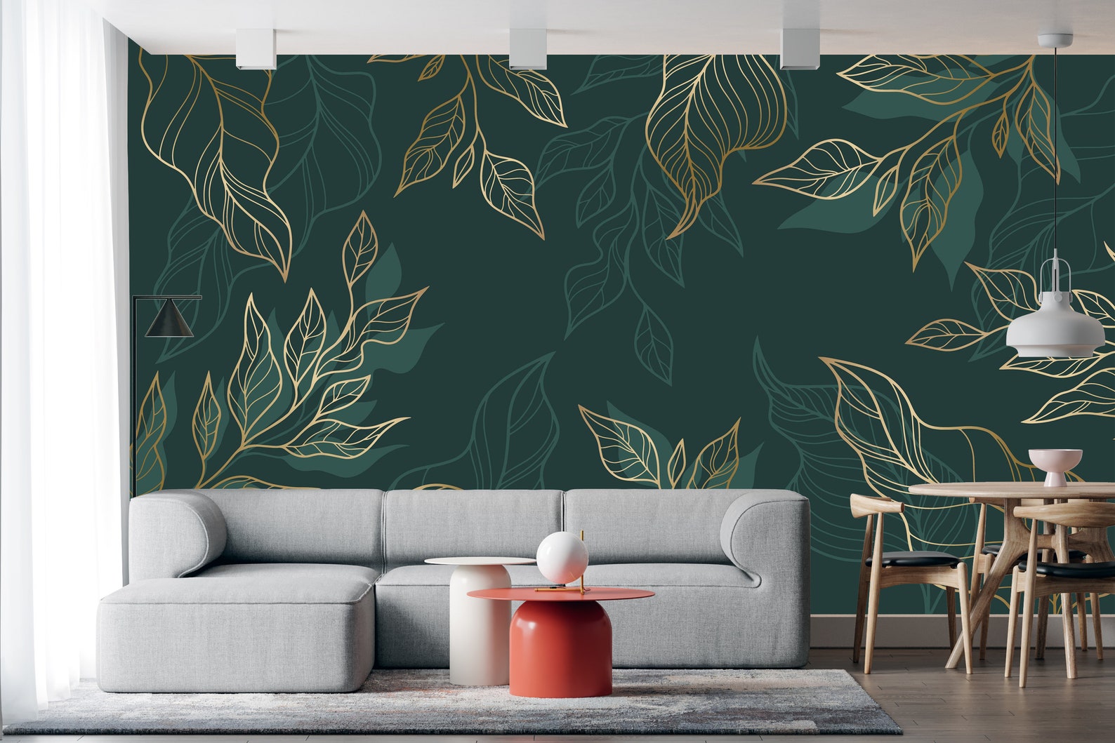 Green and Gold Tropical Leaves Wallpaper, Gold Leaf, Green Leaf, Self ...
