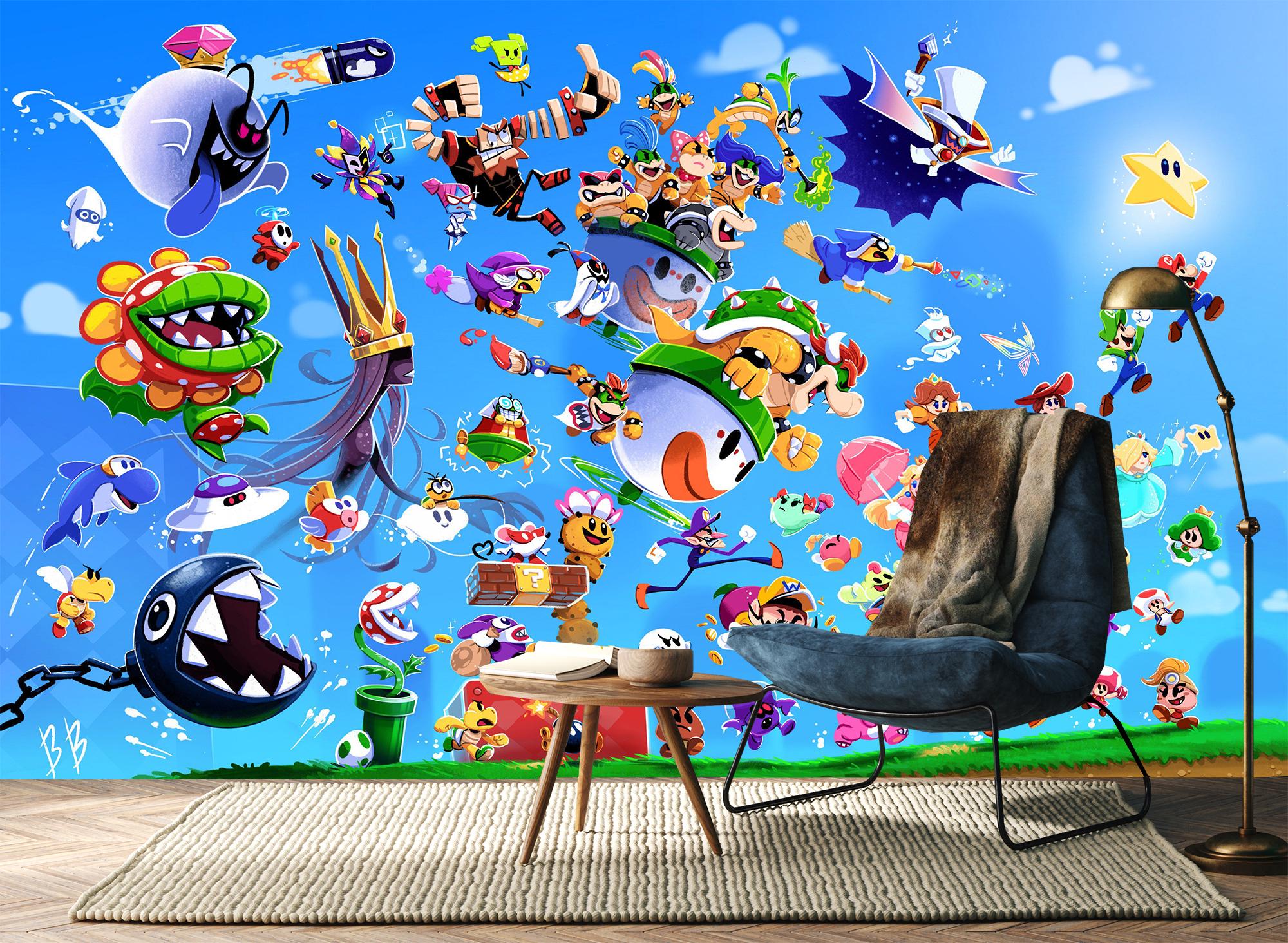 Colorful Super Mario Mural, Mario Team Wallpaper for Kids Room Decor ...