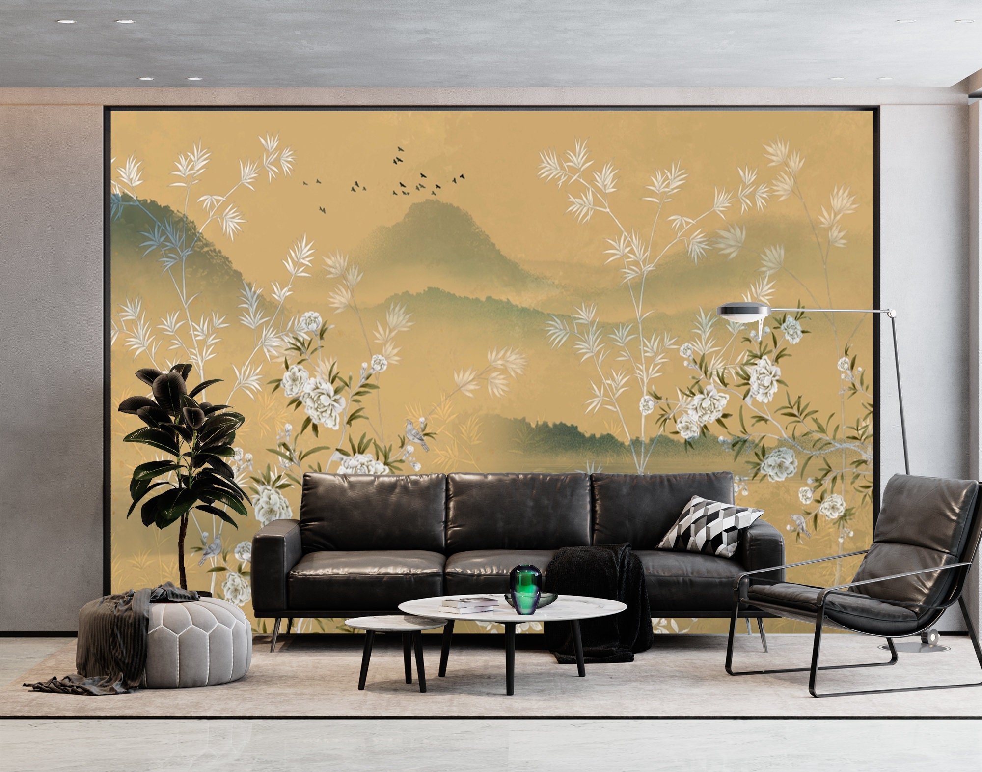 Chinese Wallpaper, Cherry Blossom Wall Art, Pasel Wall Design, Brown ...