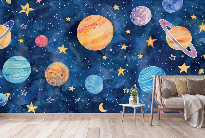Planet Wall Mural: Kids Space Decor, Peel & Stick Non-woven - Etsy