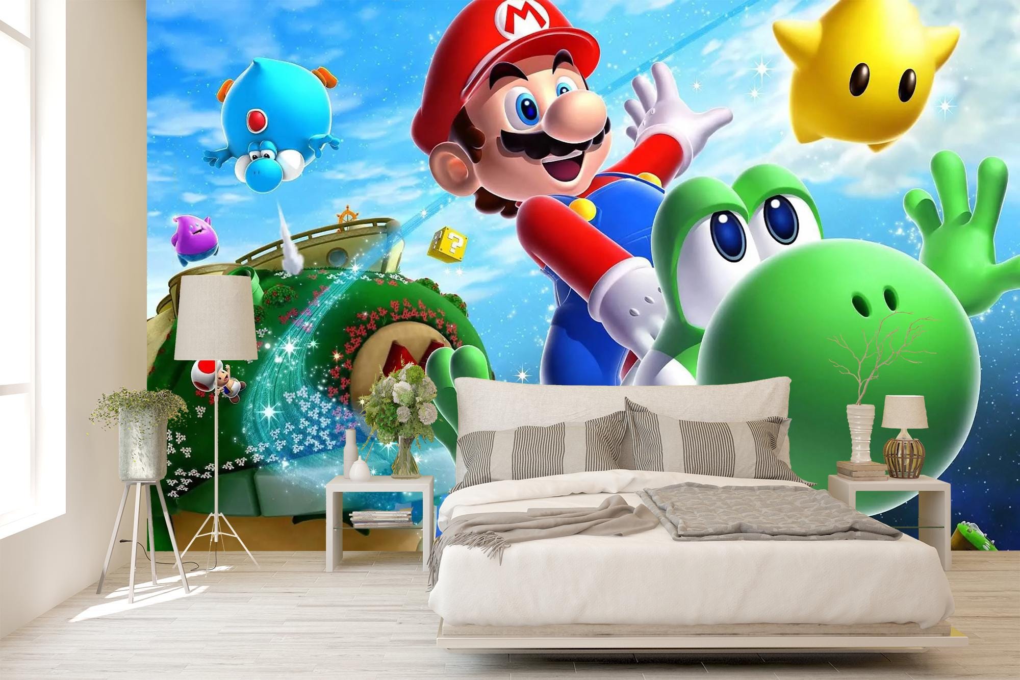 Super Mario Mural, Luigi Wall Art King Koopa Wallpaper for Kids Room ...