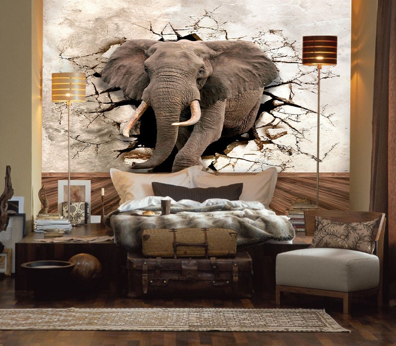 Elephant Breaking the Wall Wallpaper, Three-dimensional Wall Design ...