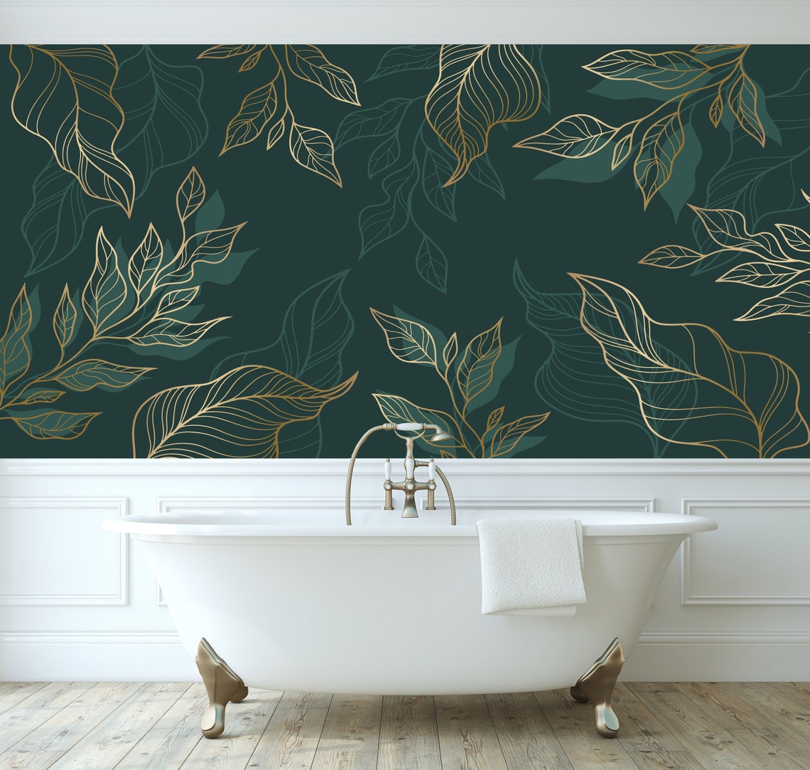 Green and Gold Tropical Leaves Wallpaper, Gold Leaf, Green Leaf, Self ...