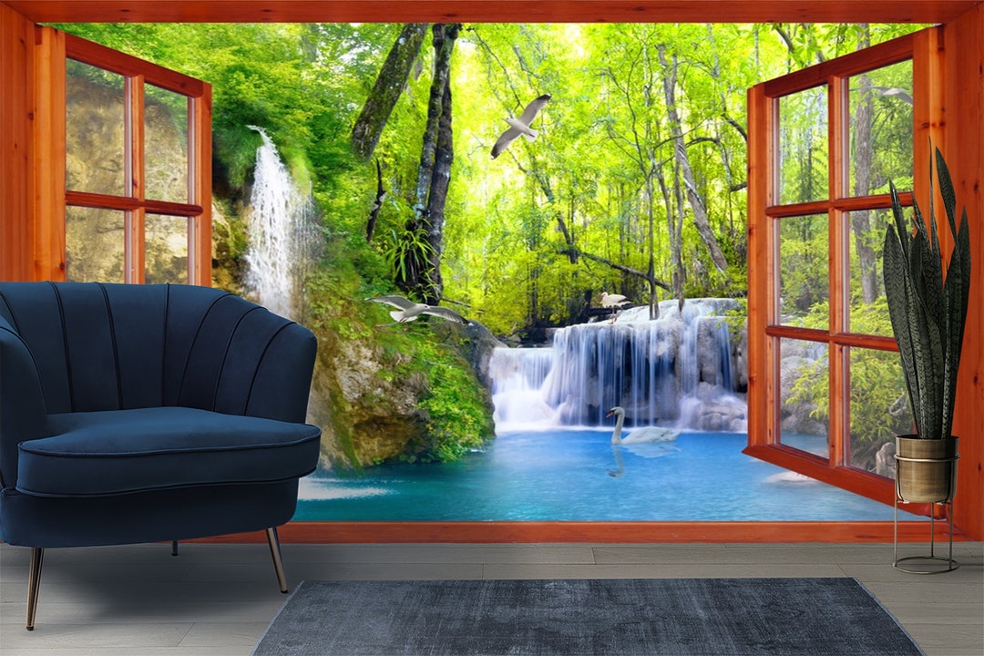 Fake Window Wallpaper Peel and Stick,fake Window Wall Decor, Waterfall ...