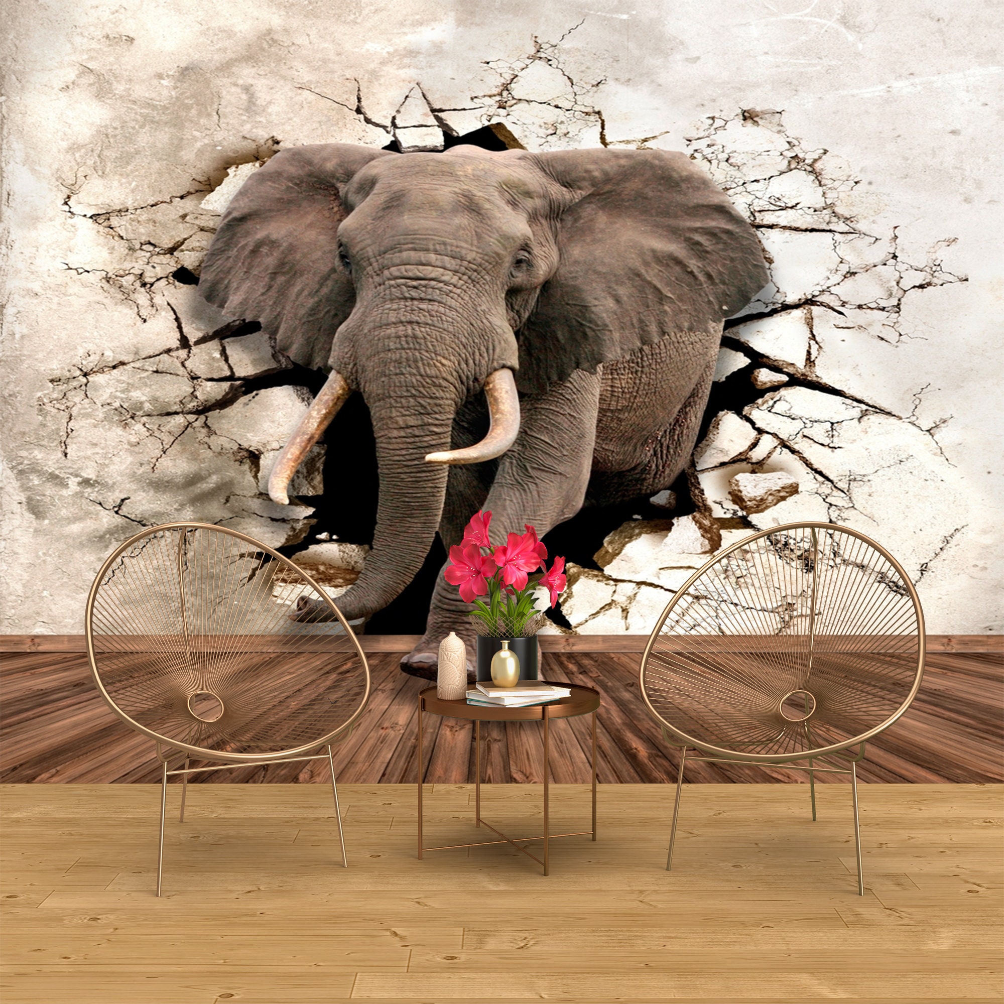Elephant Breaking the Wall Wallpaper, Three-dimensional Wall Design ...
