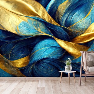 Blue and Gold Marble Wallpaper, Wavy Gold Wall Design, Vibrant Colors ...