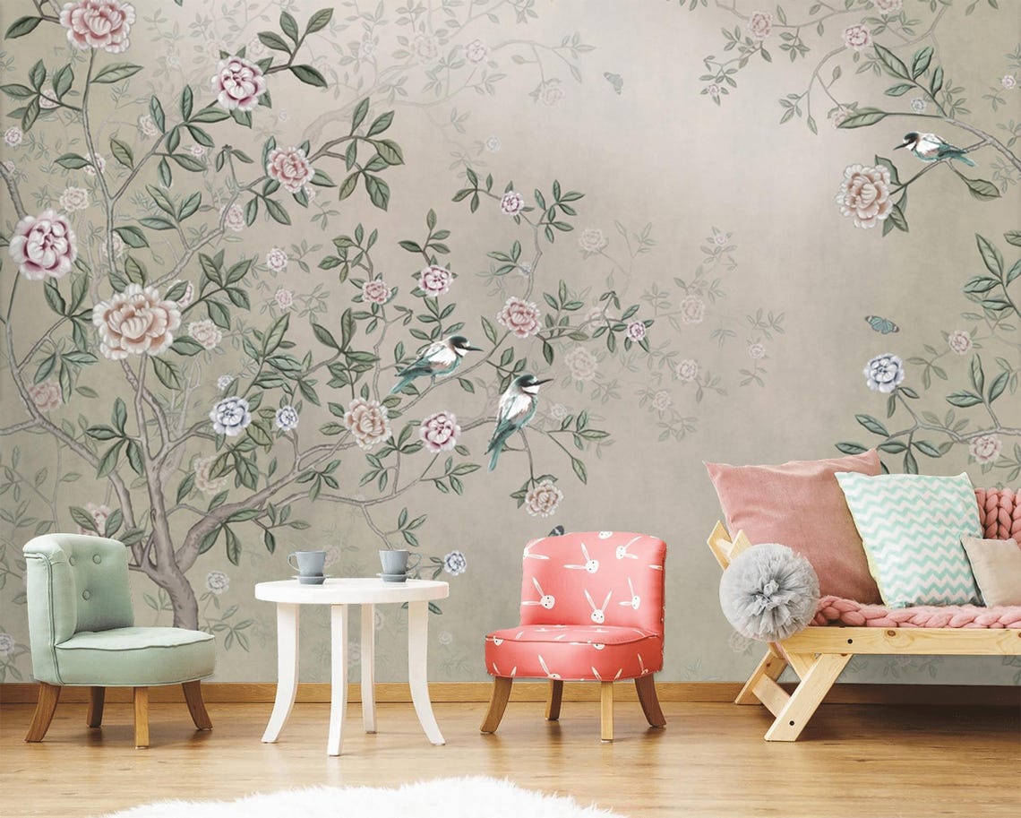 Flowers and Birds on Beige Background Floral Chinese Wallpaper Peel and ...