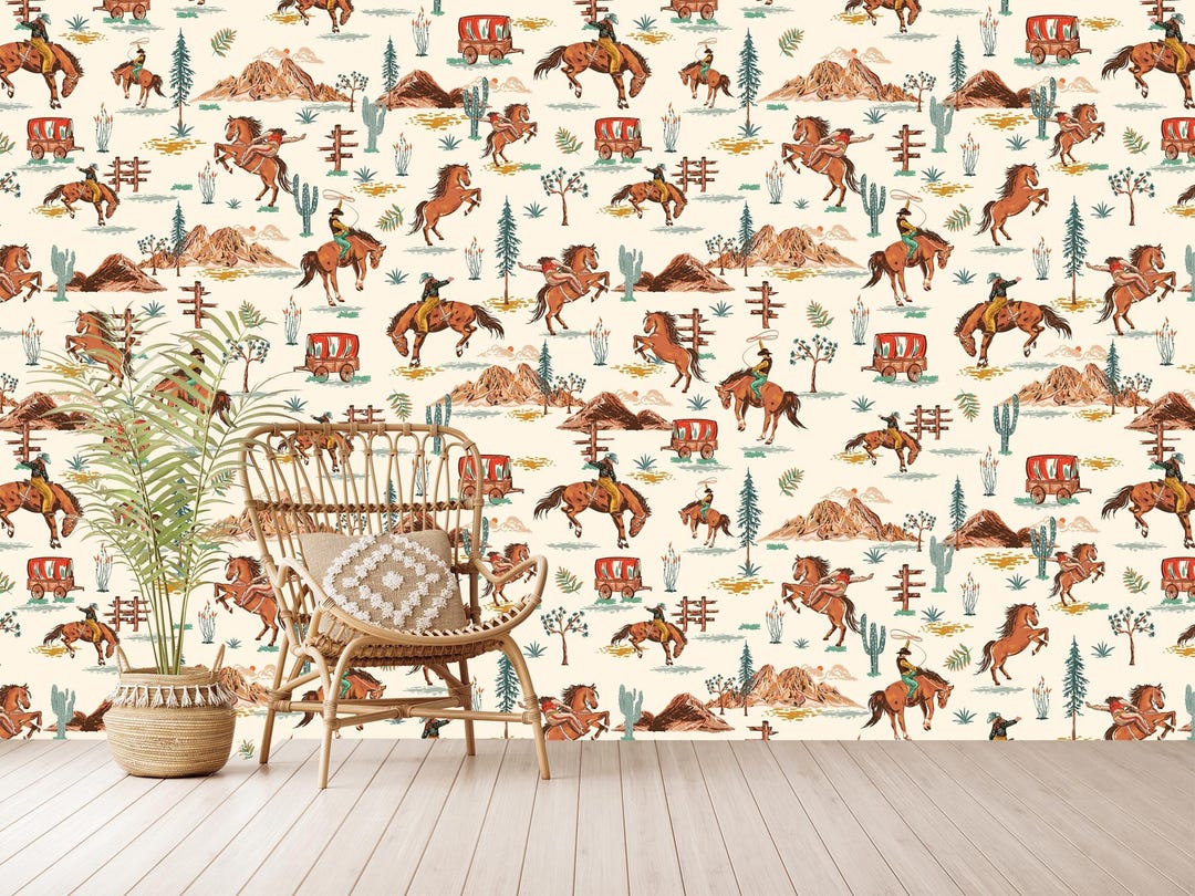 Colorful Rodeo Wallpaper: Wild West Cowboy Peel and Stick Mural - Etsy