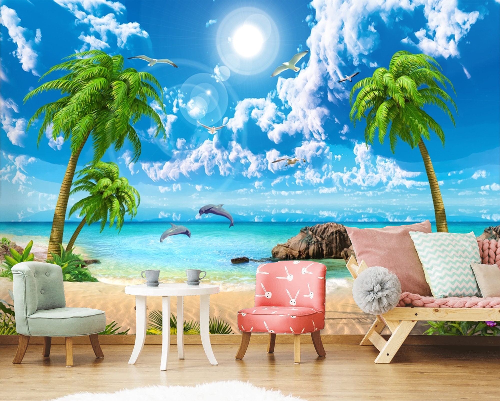 Beach View Peel and Stick Wallpaper: Sea & Dolphin Wall Design - Etsy