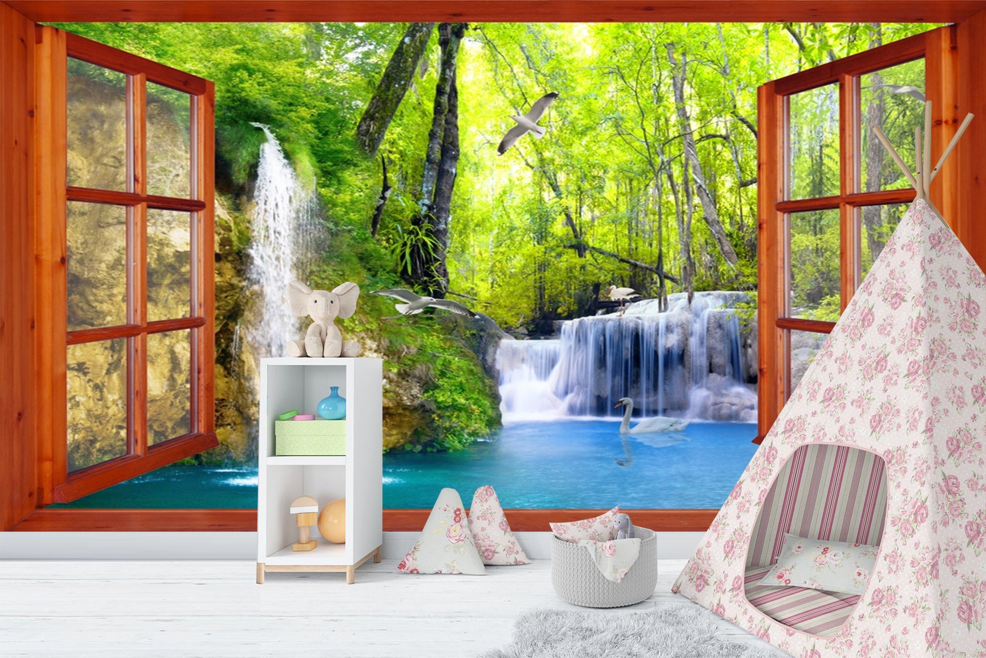 Fake Window Effect Waterfall Wallpaper, Fake Window Wall Decor ...