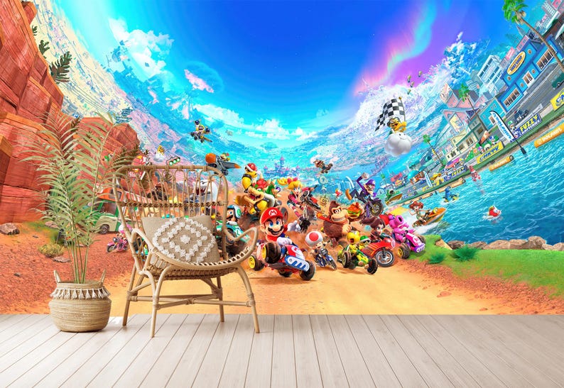 Mario Kart Wallpaper Mural: Kids Gaming Room Decor, Peel & Stick - Etsy ...