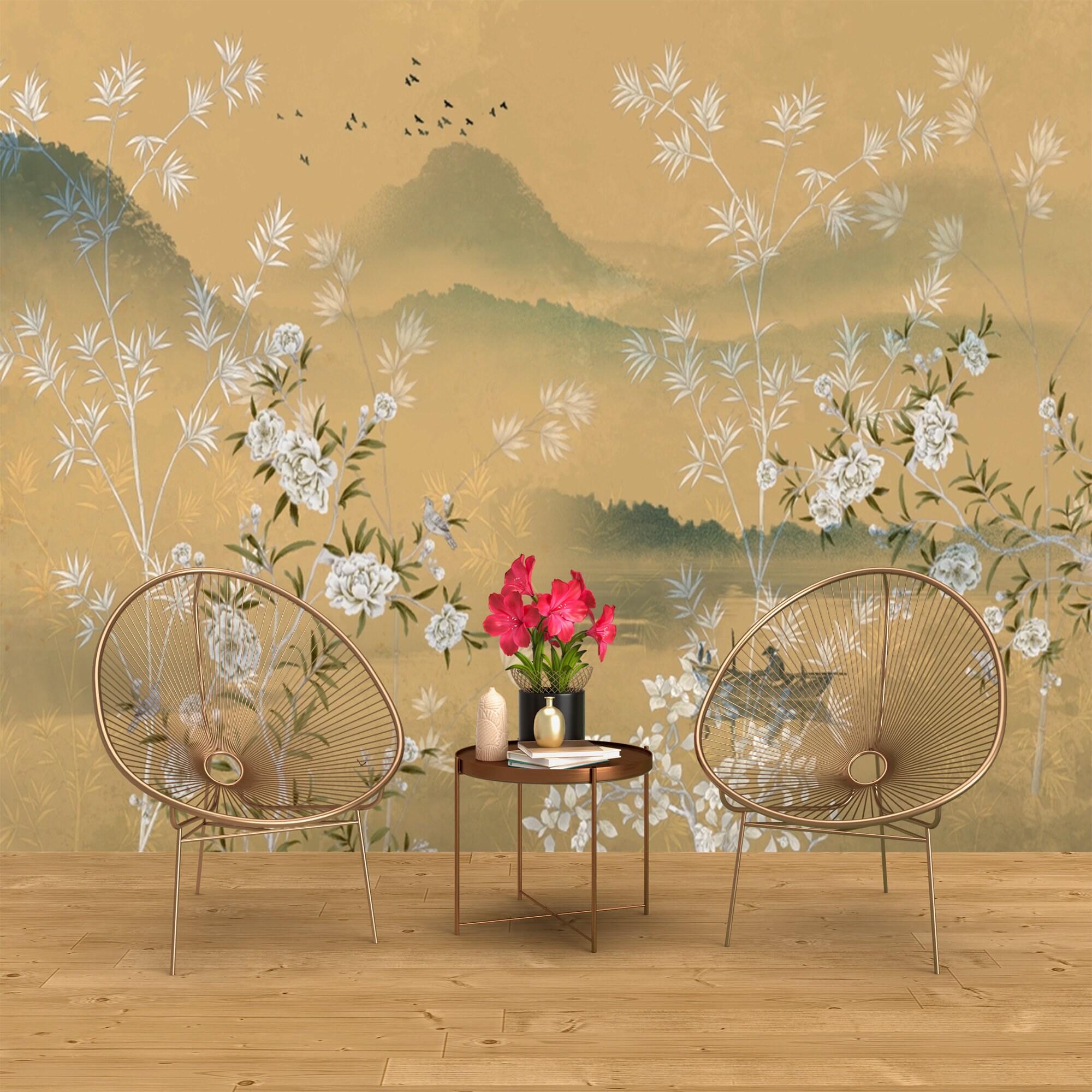 Chinese Wallpaper, Cherry Blossom Wall Art, Pasel Wall Design, Brown ...
