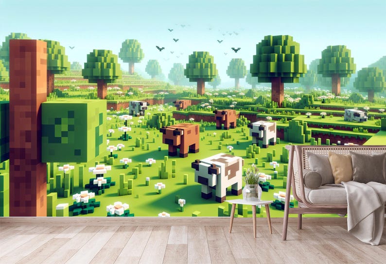 Minecraft Wallpaper, Cattle on Meadow, Kids Game Room - Etsy UK