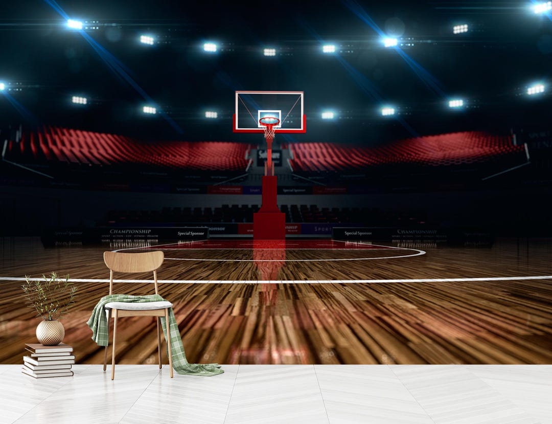 Basketball Court Wallpaper,spotlight Wall Decor, Wooden Floor Wall Art ...