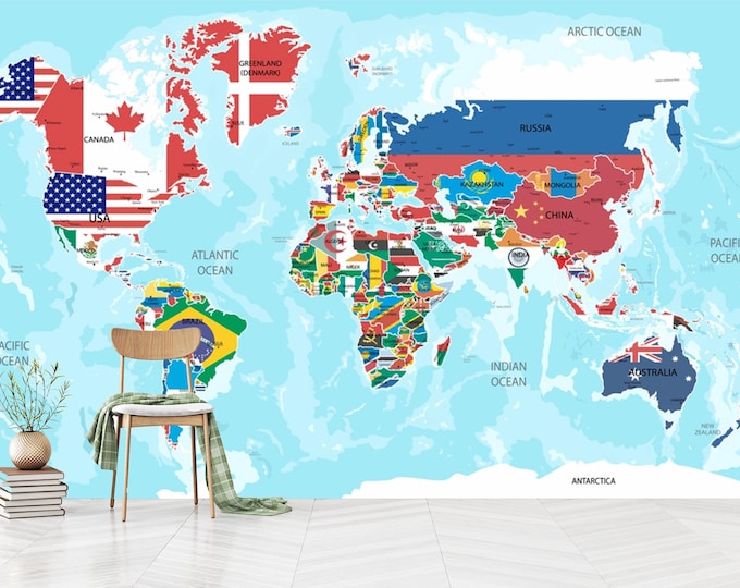 Countries Map and Flags Wallpaper, World Map Removable Wallpaper ...