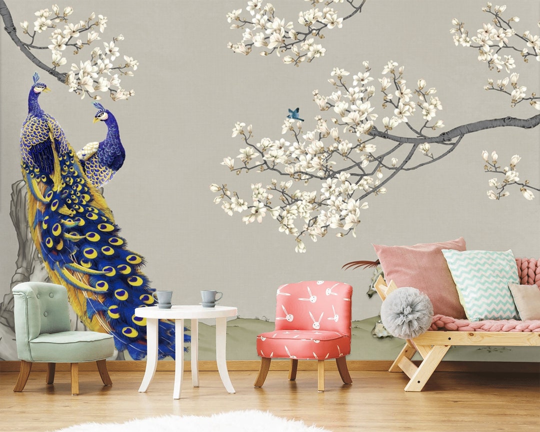 Blue Peacock Wallpaper Mural: Magnolia Flower, Birds, Peel and Stick - Etsy