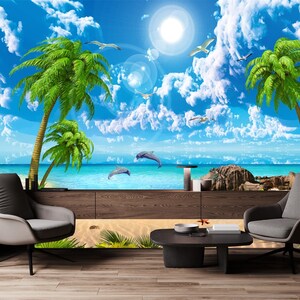 Beach View Peel and Stick Wallpaper: Sea & Dolphin Wall Design - Etsy